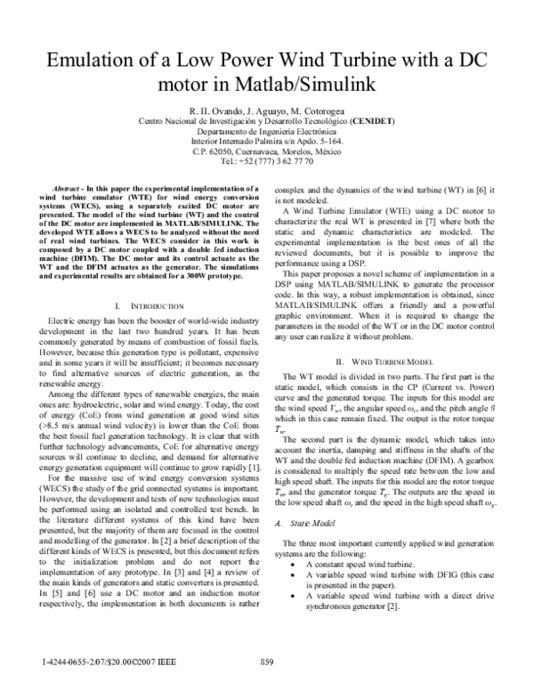 (PDF) Emulation of a Low Power Wind Turbine with a DC motor in Matlab ...