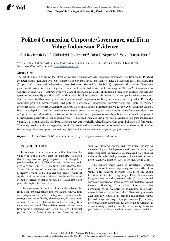 (PDF) Political Connection, Corporate Governance, and Firm Value: Indonesian Evidence
