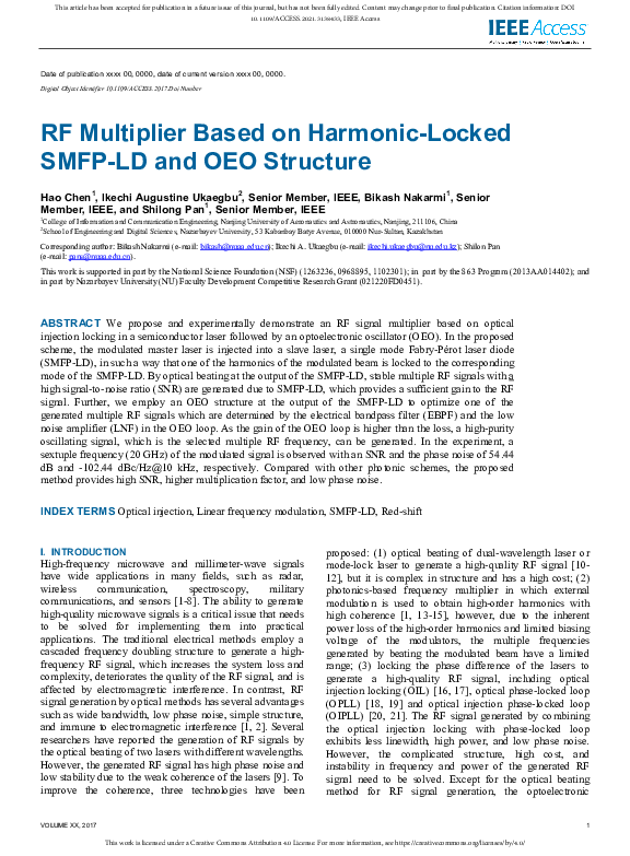 (PDF) RF Multiplier Based on Harmonic-Locked SMFP-LD and OEO Structure