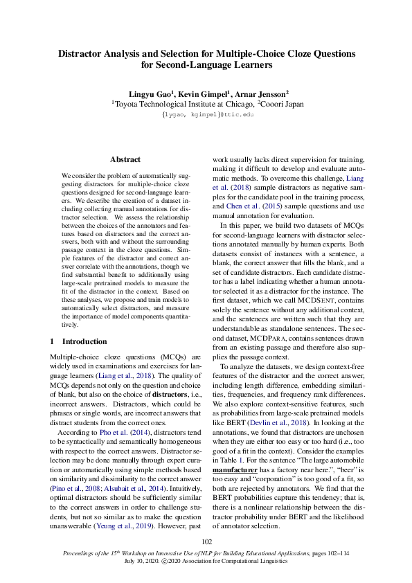 (PDF) Distractor Analysis and Selection for Multiple-Choice Cloze Questions for Second-Language ...