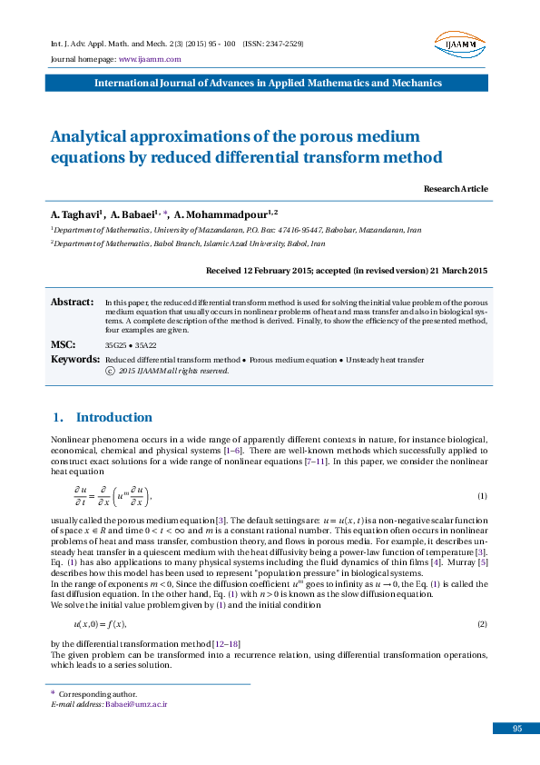 (PDF) Analytical approximations of the porous medium equations by reduced differential transform ...