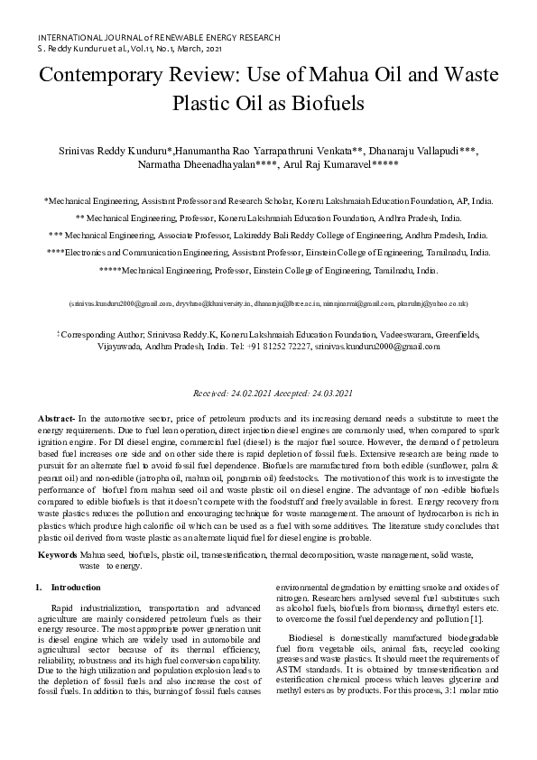 (PDF) Contemporary Review: Use of Mahua Oil and Waste Plastic Oil as ...