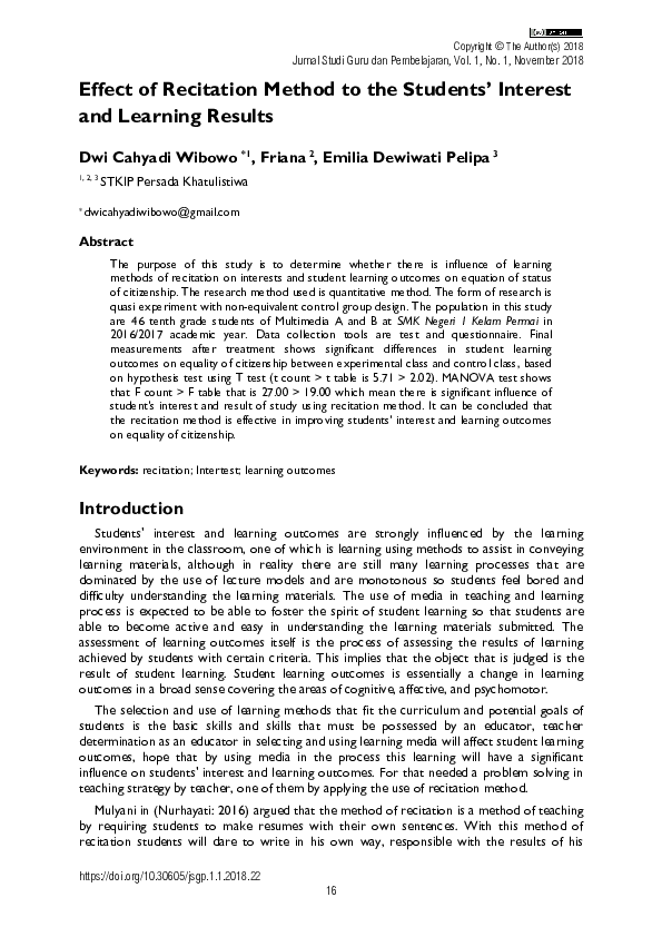 (PDF) Effect of Recitation Method to the Students' Interest and ...