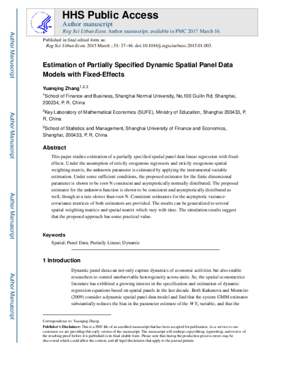Pdf Estimation Of Partially Specified Dynamic Spatial Panel Data Models With Fixed Effects