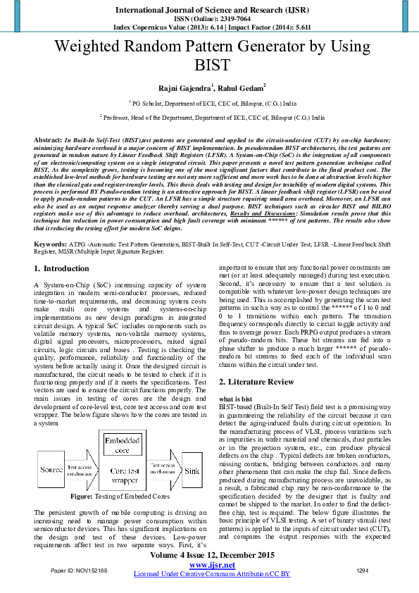 Pdf Weighted Random Pattern Generator By Using Bist