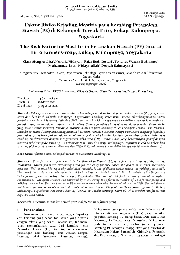 (PDF) Faktor Risiko Kejadian Mastitis pada Kambing Peranakan Etawah (PE ...