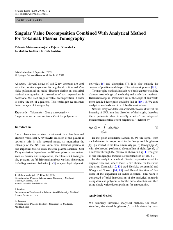 (PDF) Singular Value Decomposition Combined With Analytical Method for Tokamak Plasma Tomography