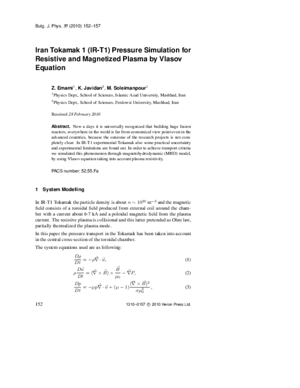 (PDF) Iran Tokamak 1 (IR-T1) Pressure Simulation for Resistive and ...