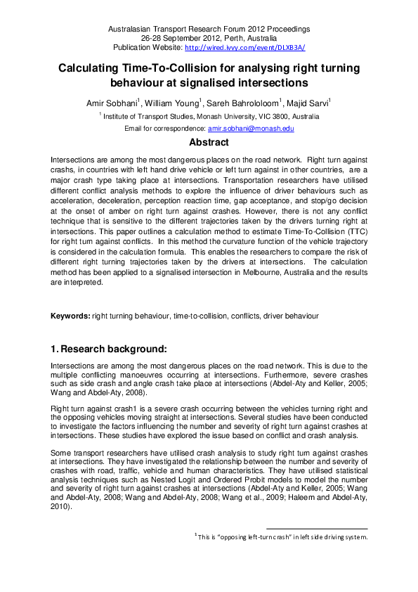 (PDF) Calculating time-to-collision for analysing right turning ...