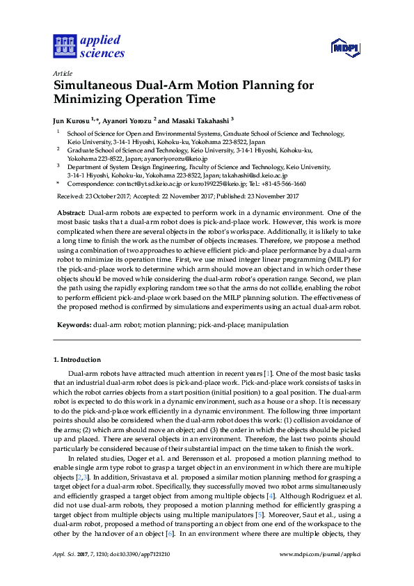 (PDF) Simultaneous Dual-Arm Motion Planning for Minimizing Operation Time
