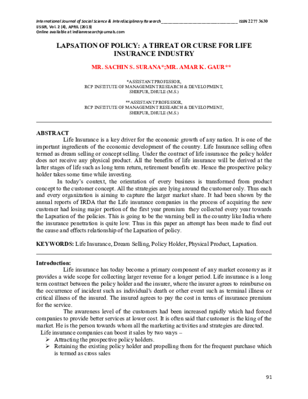 (PDF) Lapsation of Policy: A Threat or Curse for Life Insurance Industry