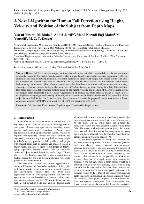 (PDF) A Novel Algorithm for Human Fall Detection using Height, Velocity and Position of the ...