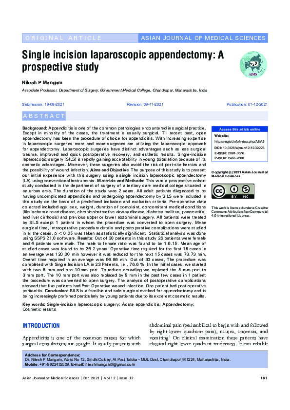 (PDF) Single incision laparoscopic appendectomy: A prospective study