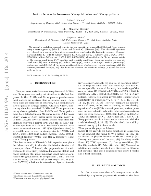 (PDF) Isotropic star in low-mass X-ray binaries and X-ray pulsars