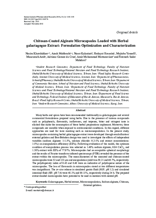 (PDF) Chitosan-Coated Alginate Microcapsules Loaded with Herbal galactagogue Extract ...
