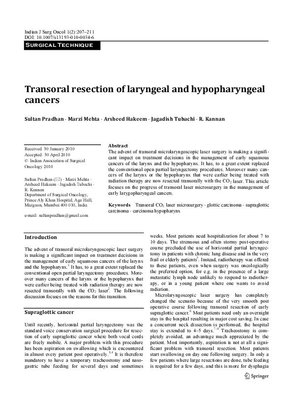(PDF) Transoral resection of laryngeal and hypopharyngeal cancers