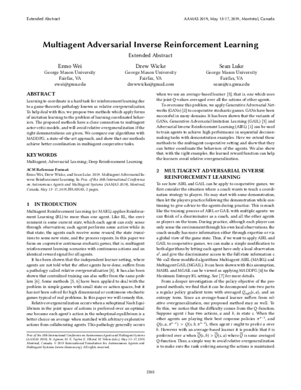 (PDF) Multiagent Adversarial Inverse Reinforcement Learning