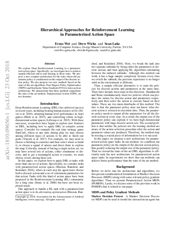 Pdf Hierarchical Approaches For Reinforcement Learning In Parameterized Action Space