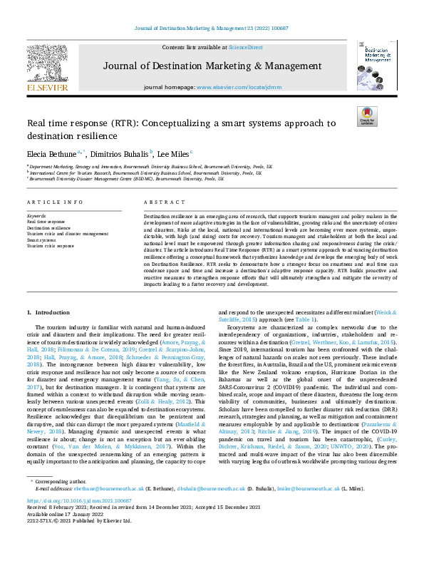 (PDF) Real time response (RTR): Conceptualizing a smart systems approach to destination resilience