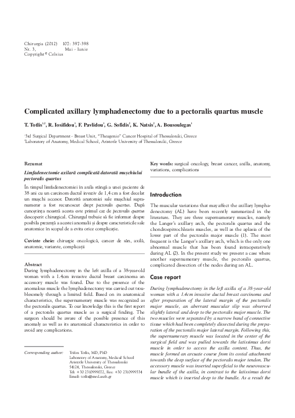 (PDF) Complicated axillary lymphadenectomy due to a pectoralis quartus ...