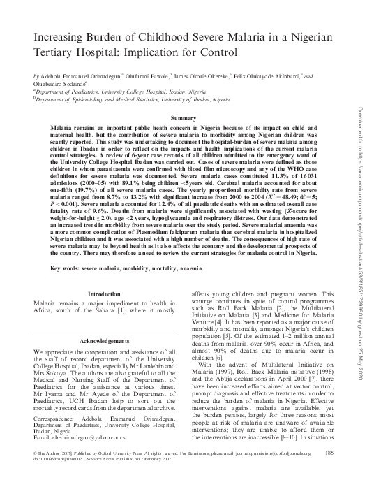 (PDF) Increasing Burden of Childhood Severe Malaria in a Nigerian ...