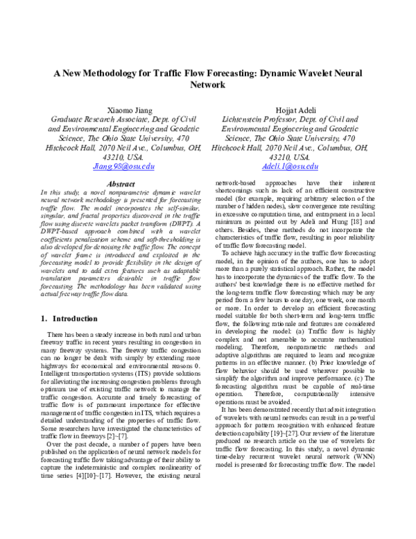 (PDF) A New Methodology for Traffic Flow Forecasting: Dynamic Wavelet Neural Network