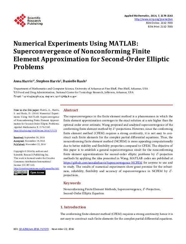 Pdf Numerical Experiments Using Matlab Superconvergence Of Nonconforming Finite Element