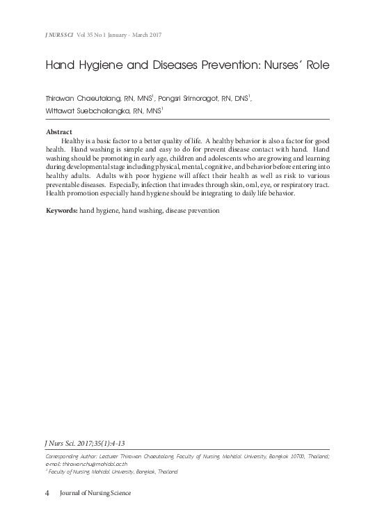 (PDF) Hand Hygiene and Diseases Prevention: Nurses’ Role