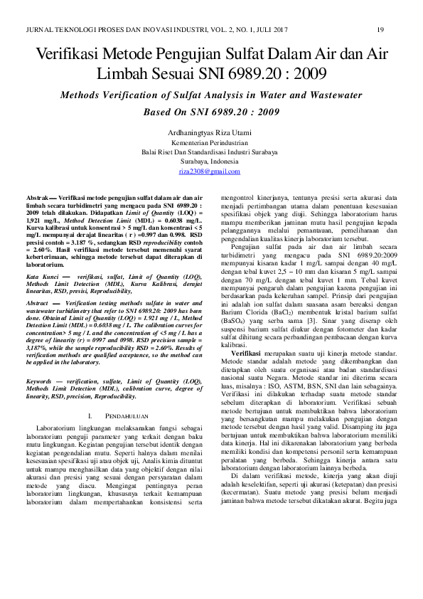 (PDF) Verifikasi Metode Pengujian Sulfat Dalam Air dan Air Limbah ...