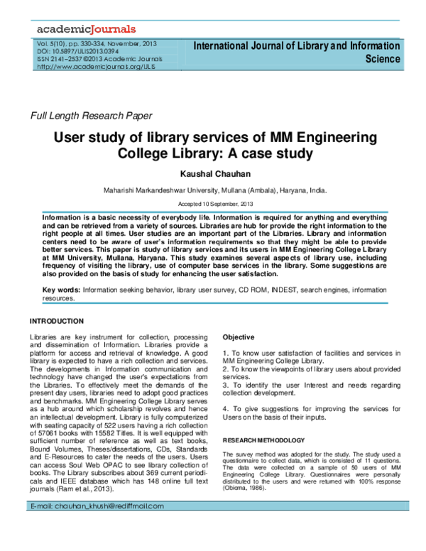 (PDF) User study of library services of MM Engineering College Library ...