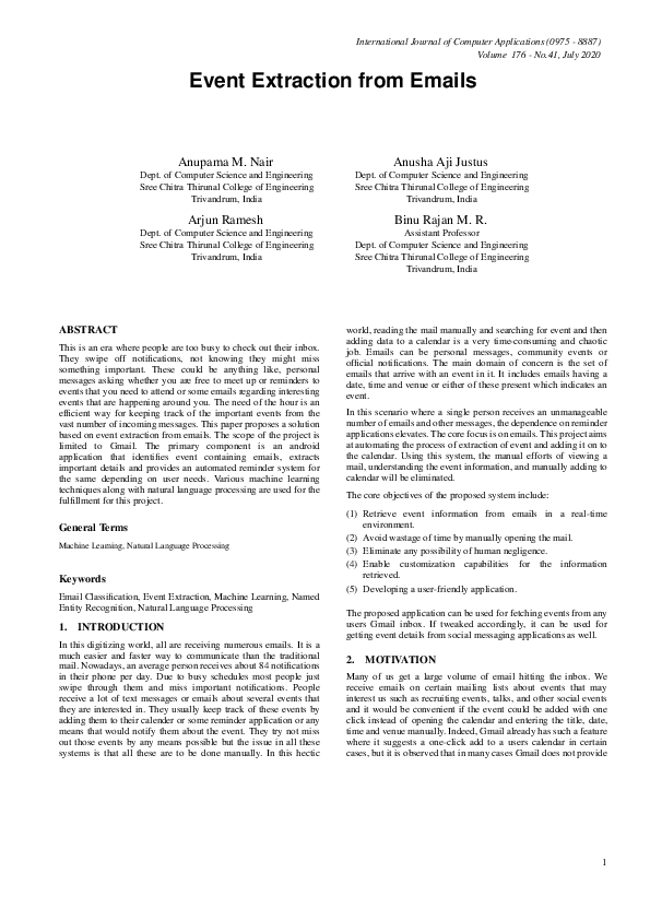 (PDF) Event Extraction from Emails