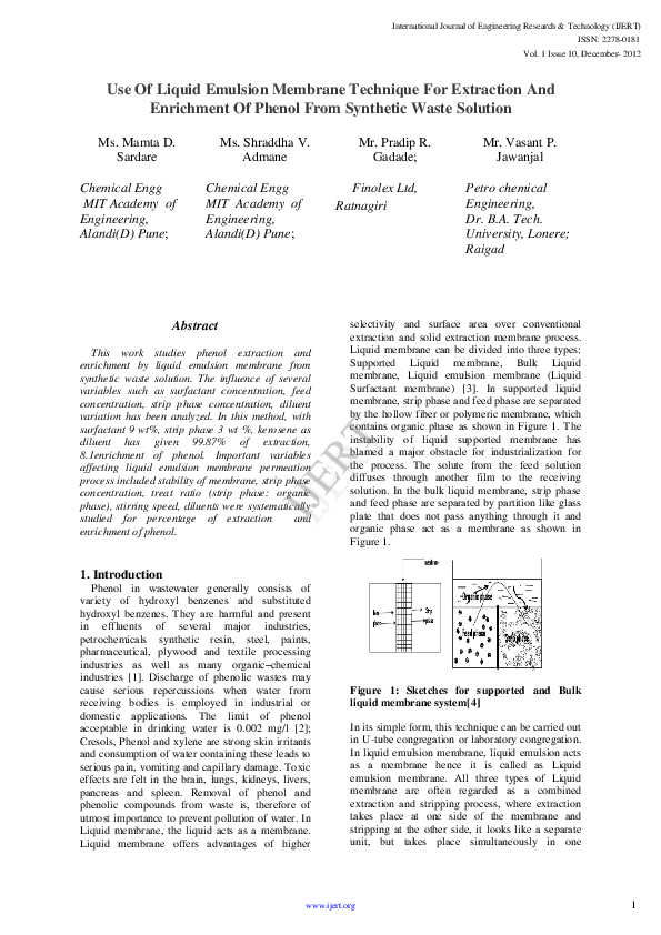 Pdf Use Of Liquid Emulsion Membrane Technique For Extraction And