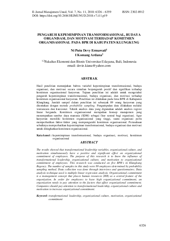 (PDF) Pengaruh Kepemimpinan Transformasional, Budaya Organisasi dan Motivasi Kerja Terhadap ...