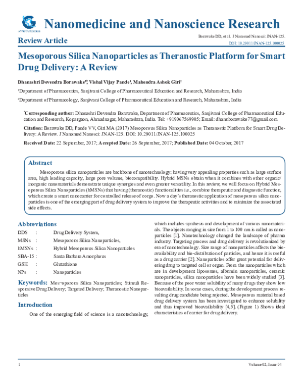 (PDF) Mesoporous Silica Nanoparticles as Theranostic Platform or Smart Drug Delivery a Review