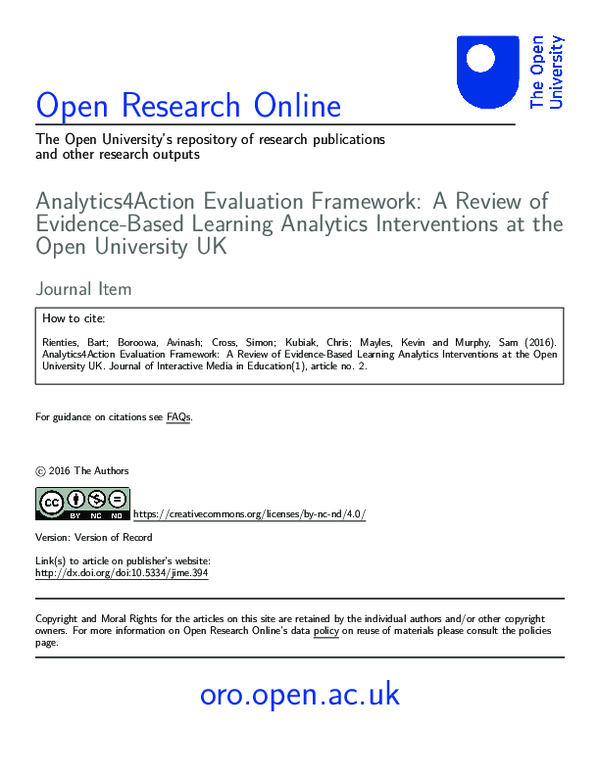(PDF) Analytics 4 Action Evaluation Framework : A Review of Evidence-Based Learning Analytics ...