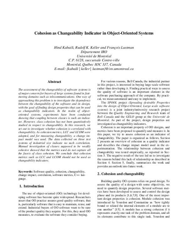 (PDF) Cohesion as changeability indicator in object-oriented systems ...