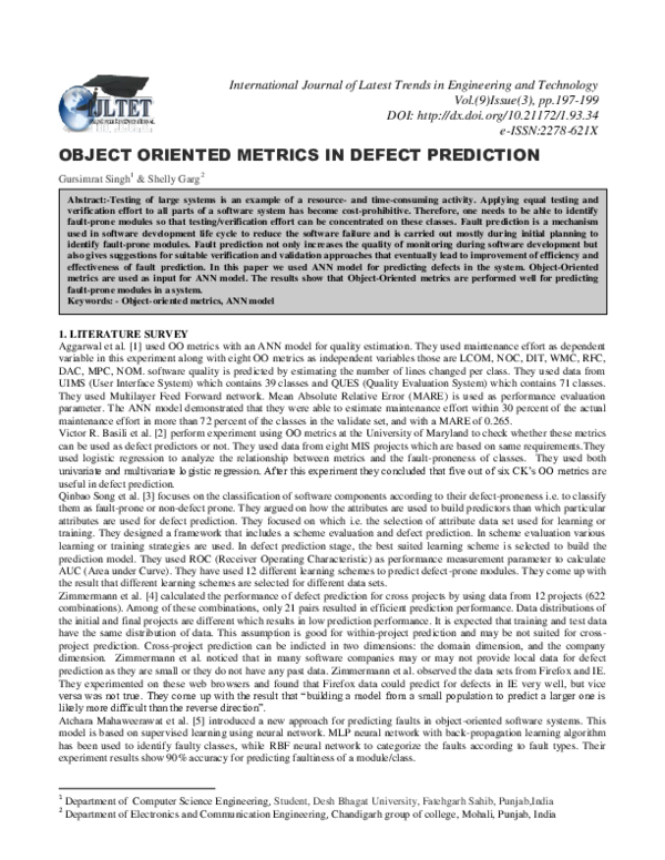 (PDF) Object-Oriented Metrics for Defect Prediction