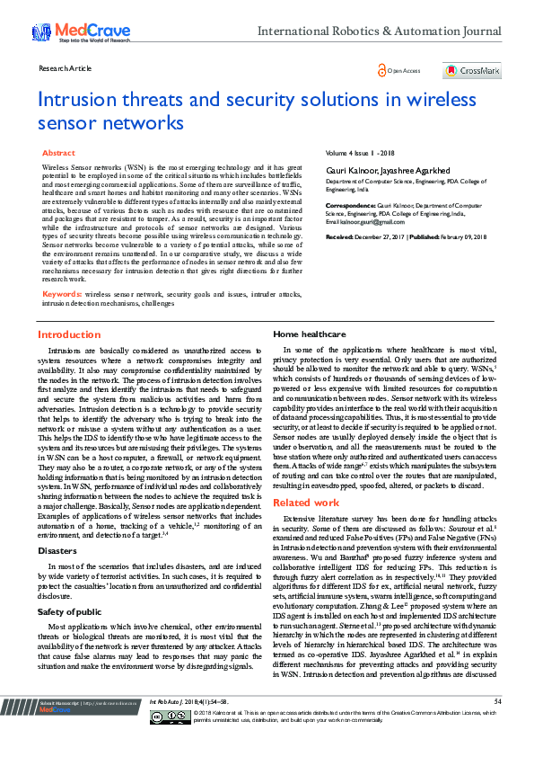 (PDF) Intrusion Threats and Security Solutions in Wireless Sensor Networks