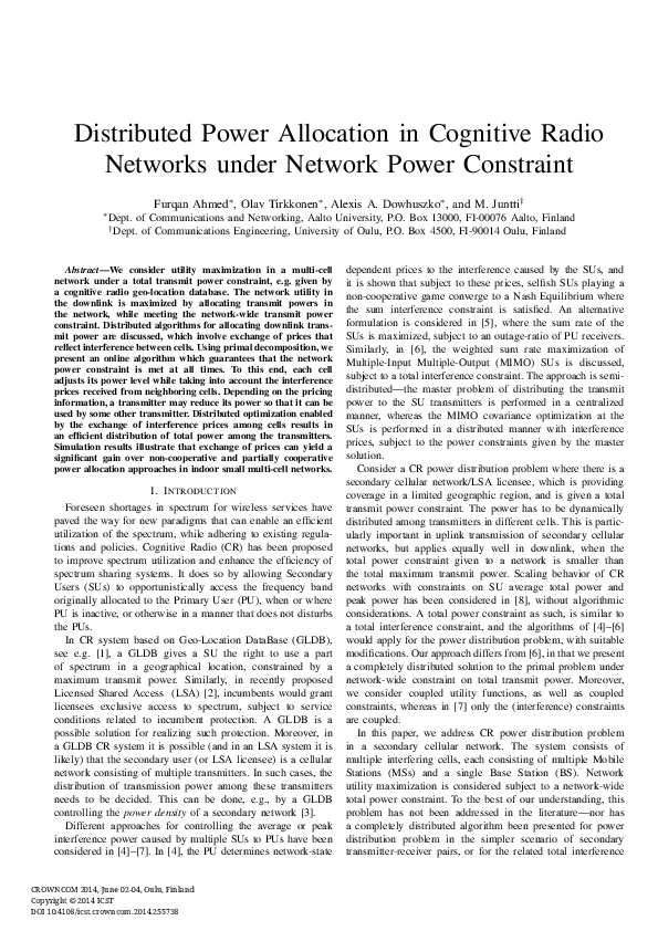 Pdf Distributed Power Allocation In Cognitive Radio Networks Under
