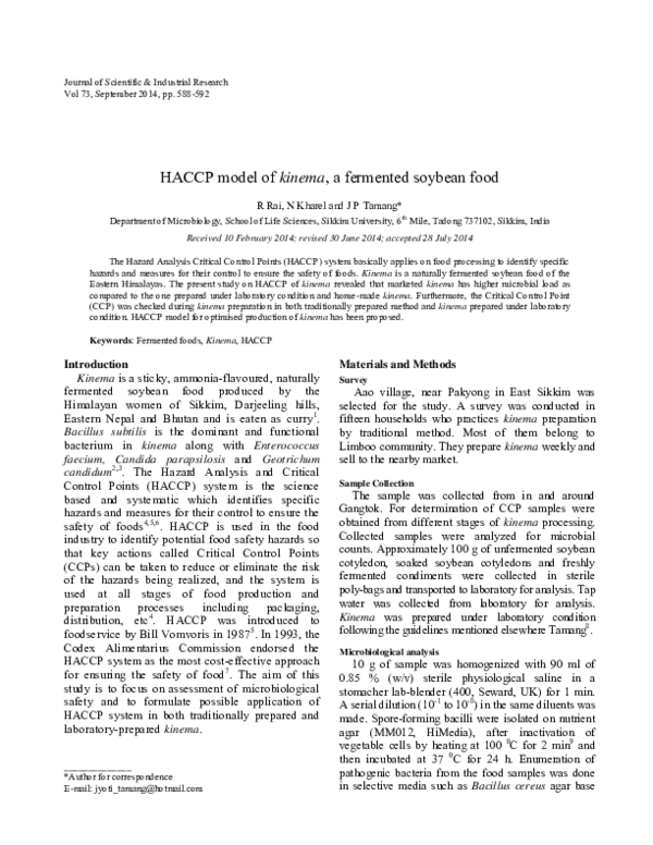 (PDF) HACCP model of kinema, a fermented soybean food