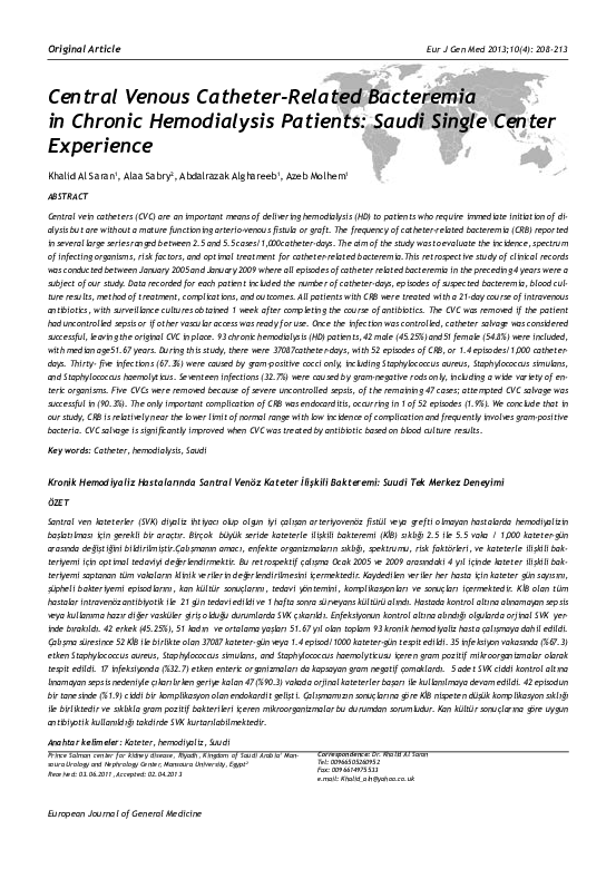 (PDF) Central Venous Catheter Related Bacteremia in Hemodialysis Patients