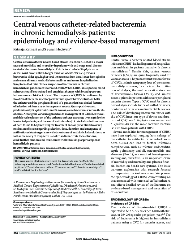 (PDF) Central venous catheter-related bacteremia in chronic ...