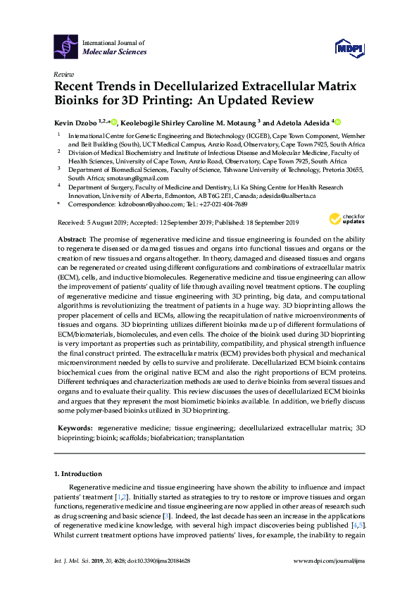 (PDF) Recent Trends in Decellularized Extracellular Matrix Bioinks for 3D Printing: An Updated ...