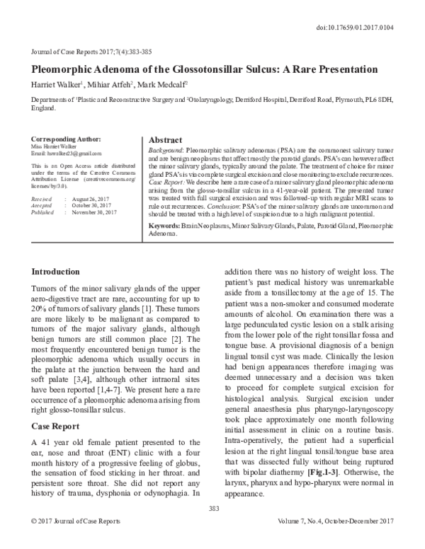 (PDF) Pleomorphic Adenoma of the Glossotonsillar Sulcus: A Rare ...