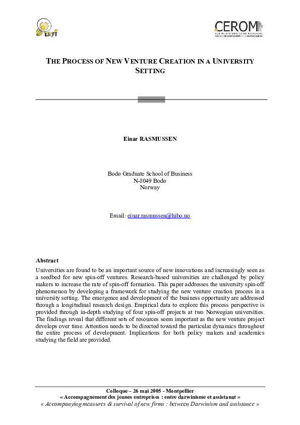 (PDF) The Process of New Venture Creation in a University Setting