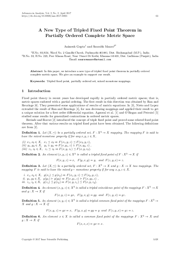 (PDF) A New Type of Tripled Fixed Point Theorem in Partially Ordered Complete Metric Space