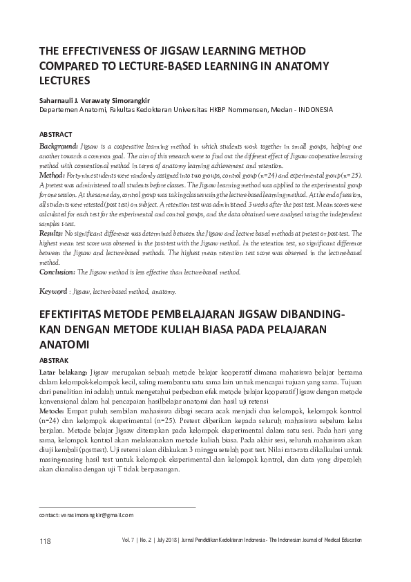 (PDF) The Effectiveness of Jigsaw Learning Method Compared to Lecture ...