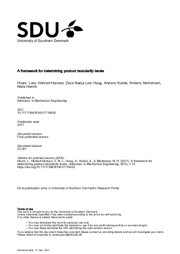 (PDF) Syddansk Universitet A framework for determining product modularity levels