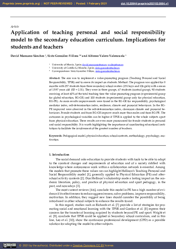 (PDF) Application of Teaching Personal and Social Responsibility Model ...