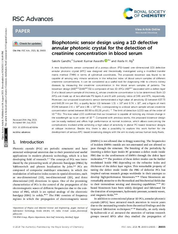 (PDF) Biophotonic sensor design using a 1D defective annular photonic crystal for the detection ...